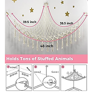 TCGPRO Stuffed Animal Storage - Stuffed Animal Hammock or Net Corner, Boho Stuffed Animal Holder with Tassels, Macrame Hanging Toy Organizer Ideas for Plush Display, Kids Room Bedroom Decor