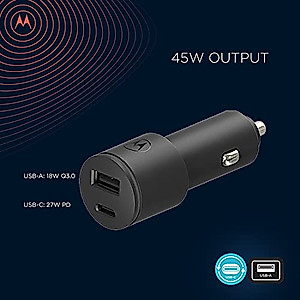 Motorola TurboPower Share Car Charger- 45W Dual Port USB-A, USB-C Output w/ 6.6ft Type C Cable for Moto G Power, Stylus, Pure, Play, Edge, Edge+, One 5G UW Ace, ThinkPhone