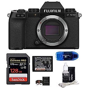 FUJIFILM X-S10 Mirrorless Digital Camera Body Bundle, Includes: SanDisk 128GB Extreme PRO Memory Card, Spare Fujifilm Battery, Card Reader, Memory Card Wallet and Lens Cleaning Kit (6 Items)