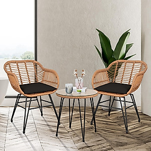 Leasbar 3 Piece Outdoor Wicker Bistro Furniture Set, Patio Chairs and Table Set with Cushions, Front Porch Furniture Rattan Conversation Set for Poolside Garden Backyard, Yellow/Black