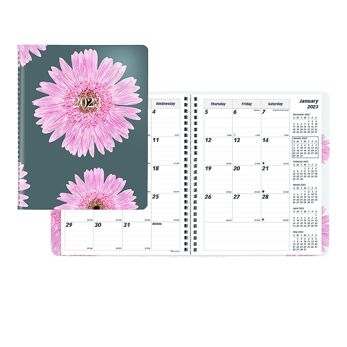 Brownline 2023 Pink Essential Monthly Planner, 14 Months, December 2022 to January 2024, Twin-Wire Binding, 8.875" x 7.125", Pink Daisy (CB1200G.05-23)