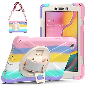 TSQ Case for 8.0 Inch 2019 SM-T290/T295 for Kids Girls | Heavy Duty Rugged Protective Cute Colorful Case w/Stand Hand Shoulder Strap for Tablet 8 Inch | Rainbow Pink