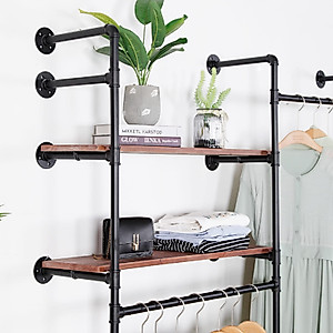 EDCB Industrial Pipe Double Hanging Rods Clothing Rack with 4 Tier Shelves, Heavy Duty Garment Rack Display Rack On Wall for Hanging Clothes Retail Display, Black