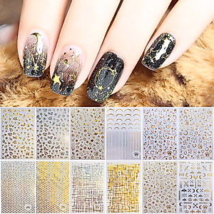 TOROKOM 12 Sheets Metallic Self-Adhesive Nail Stickers for Women, 3D Metallic Star Moon Leaf Line Nail Design Stickers Decals Manicure Fingernail Decorations Gift for Women Girls