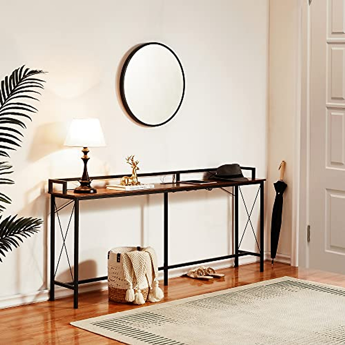 VECELO Couch Side & Console Table with 2 Outlets and USB Ports, 70.9 Inches, Brown
