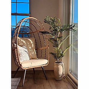 JOIVI Wicker Egg Chair, Oversized Indoor Outdoor Lounger Large Egg Basket Chair with Stand and Cushions for Patio Porch, Backyard, Living Room, Balcony (Beige Rattan, Creamy White Cushion)