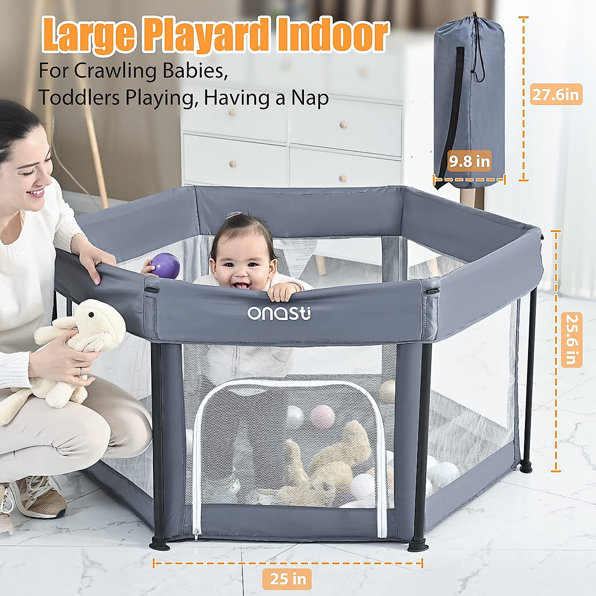 Baby Playpen Foldable Indoor & Outdoor, Onasti Play Yard with Children's Soft Mat, Compact Fence Packable Dome UV Protection, Suitable for Travel/Beach/Picnic Activity Center (Hexagon)