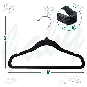 Aubeco 30 Pack Baby Velvet Hangers, 11.6'' Kids Non Slip Felt Hangers for Closet, Baby Clothes Hangers Space Saving, 360° Swivel Hook-Black