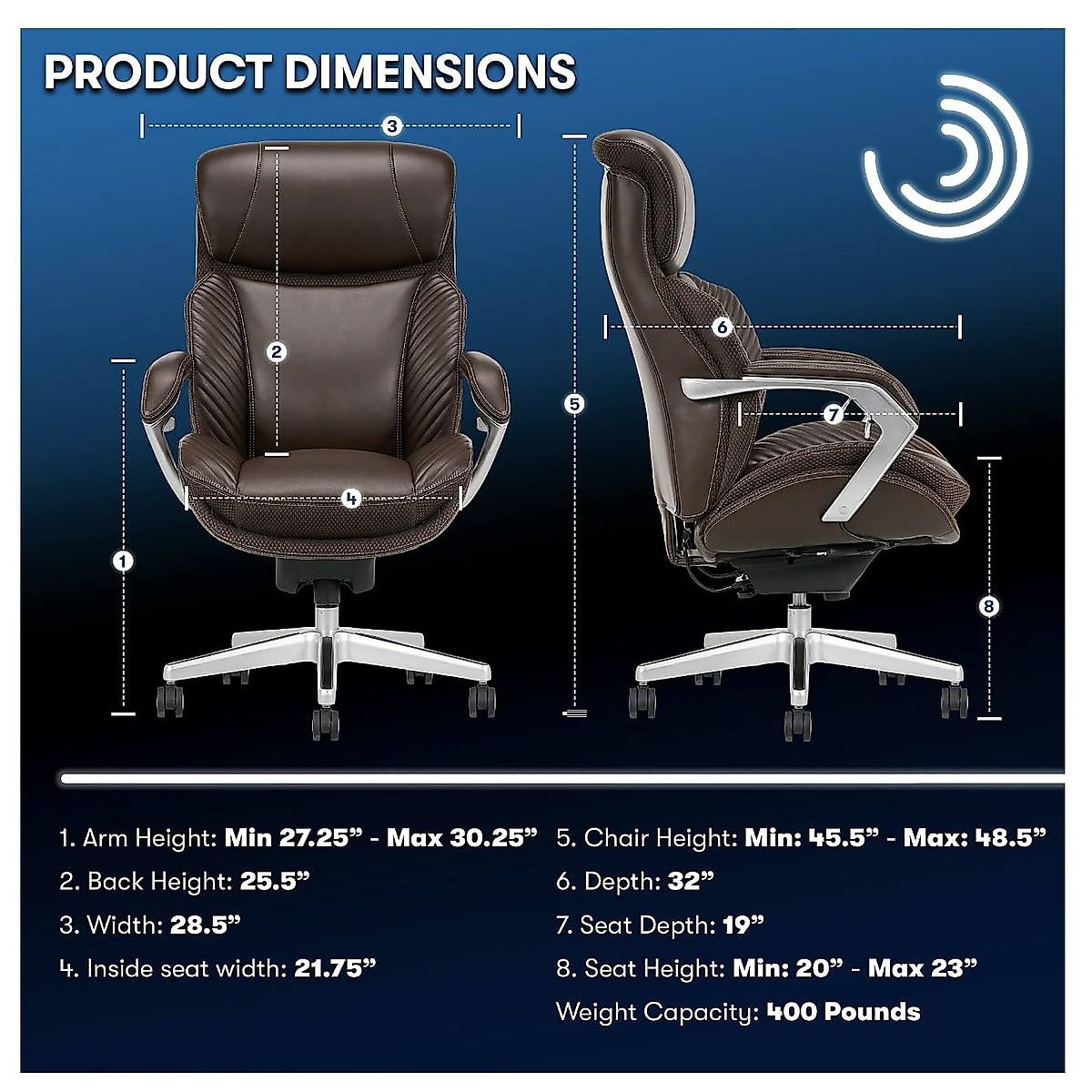 Serta iComfort i6000 Series Big & Tall Ergonomic Bonded Leather High-Back Executive Chair, Brown/Silver