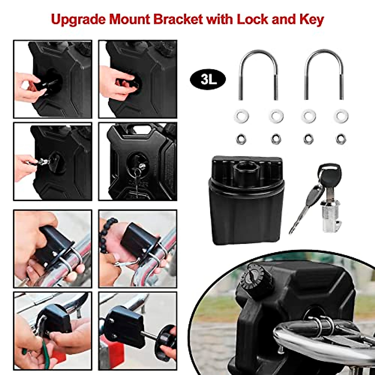 0.8 Gallon Black Gas Can with Lock & Key, 3L Fuel Oil Petrol Storage Cans Emergency Backup Tank with Mounting Bracket for Car Motorcycle UTV SUV ATV Off Road