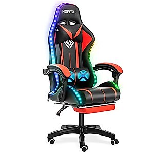 Gaming Chair Massage with LED RGB Lights and Footrest Ergonomic Computer Gaming Chair with High Back Video Game Chair with Adjustable Lumbar Support Red and Black