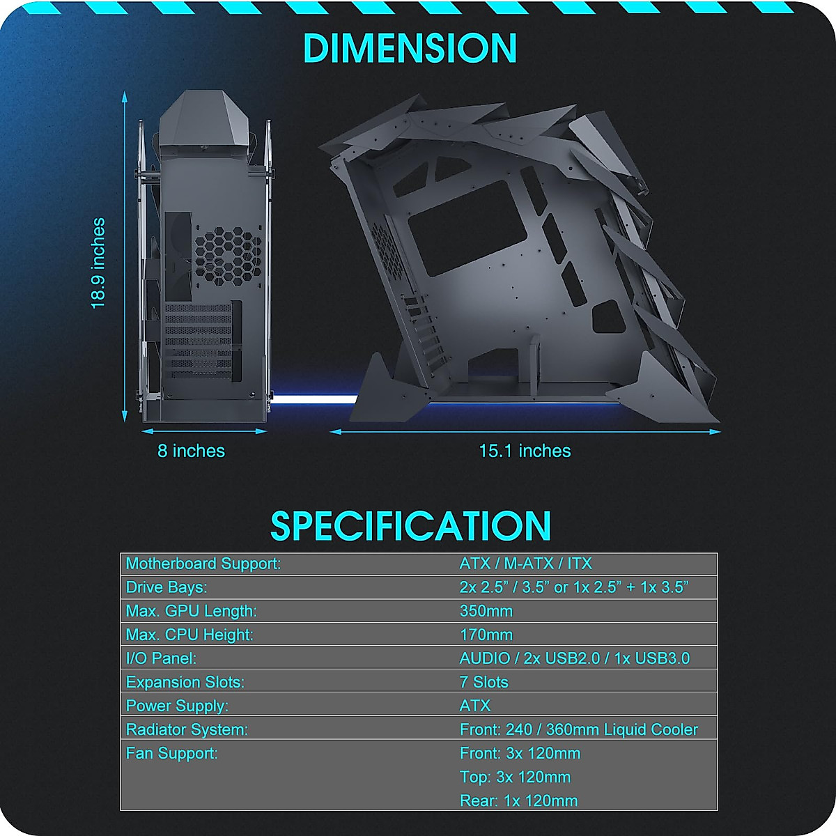 Vetroo K1 Pangolin Mid-Tower ATX PC Gaming Case, Dual Tempered Glass, USB 3.0 I/O Panel High Airflow Computer Case Max 360mm Water Cooler Support (Fans are not Included)