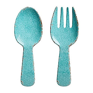 UPware 2-Piece 10.75 Inch Melamine Salad Server Serving Utensil Set Includes Salad Spoon and Salad Fork (Crackle, Turquoise)