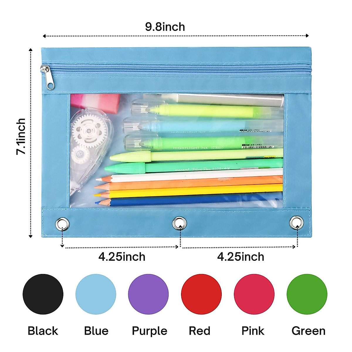 ACRSIKR Pencil Pouch for 3 Ring Binder, Zipper Pencil Case Bag Three Hole with Clear Window Black 1 Pack