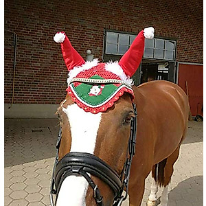 Lift Sports Horse Christmas Santa Claus Saddle PAD Set with Matching Fly Bonnet Ear NET Cotton Hand Made Crochet Fly Veil Hood MASK Equestrian Shows Breathable Cotton (Full/Horse)