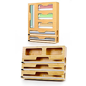 KOCWELL Bag Storage Organizer and Plastic Wrap Dispenser with Cutters, 2 Foil and Plastic Wrap Organizer, 4 Ziplock Bag Holder for Gallon, Quart, Sandwich Snack Variety Size Bags, Bamboo