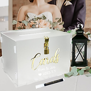 FCDECOR 11" Acrylic Wedding Card Box with Lock, Frosted Gift Card Box for Wedding Decorations for Reception, Honeymoon Fund Money Box for Bridal Shower Decorations Party Reception Anniversary