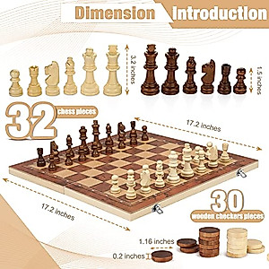 Chess Checkers Backgammon 3-in-1 Board Games Sets, Wooden Chess Set for Adults & Kids, 17.2" Lightweight Checkers Board Game,Strategy Backgammon Sets for Adults, Travel Chess Board Game Pieces Storage