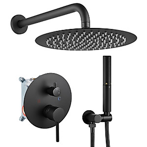 Airuida Shower Fixtures Matte Black 2 Functions 10 Inches Round Rainfall Shower Head and High Pressure Brass Shower Handheld Mixer Bathroom Wall Mount Shower System with Rough-in Valve