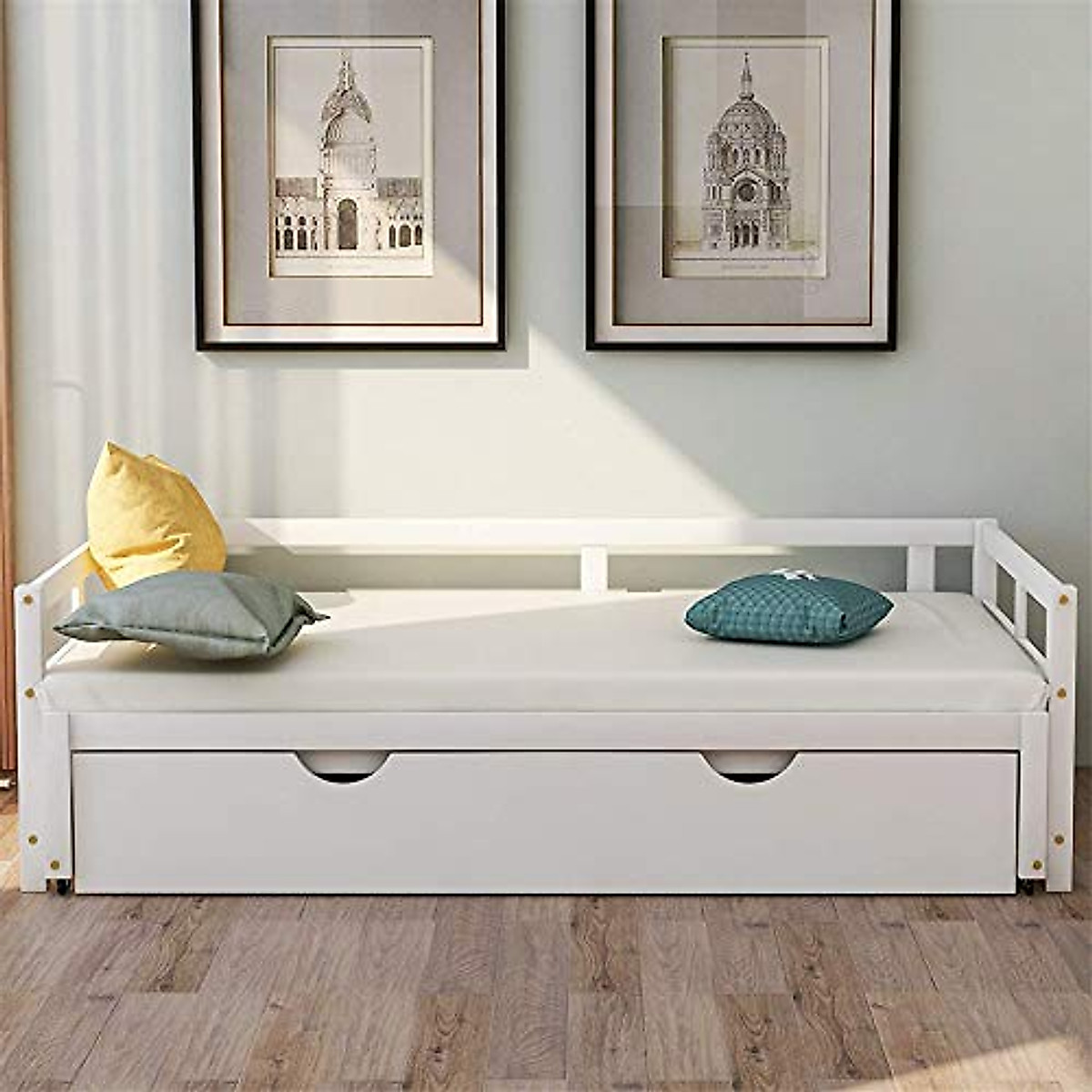 MERITLINE Daybed with Trundle,Twin to King Trundle Bed Extendable Design, Wooden Daybed/Sofa Bed for Bedroom Living Room,No Box Spring Needed,White