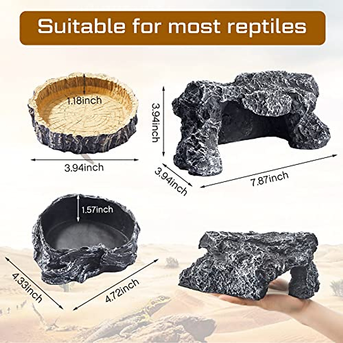 3 Pcs Large Reptile Water Dish Feeding Reptile Food Dish with Reptile Hides and Caves Tortoise Hideout Lizard Rock Hideout Tortoise Habitat Accessories for Geckos Spiders Snakes Hermits Turtles Crabs