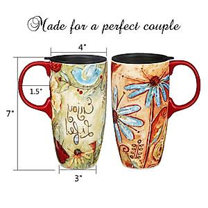 CEDAR HOME Travel Coffee Ceramic Mug Porcelain Latte Tea Cup With Lid in Box 17oz., Flower Enjoy Life, 2 Pack