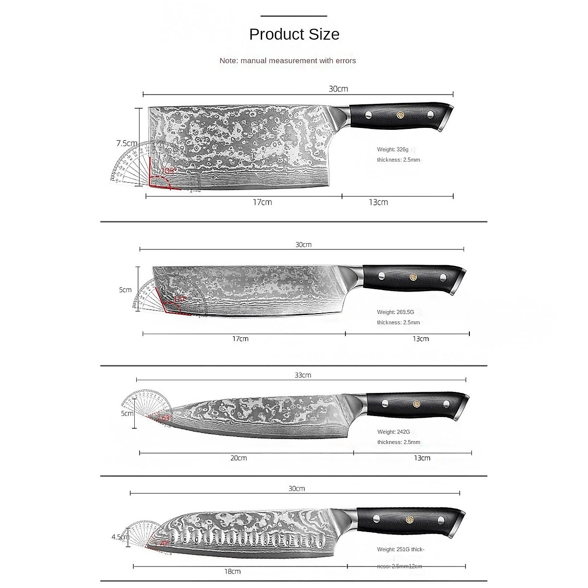 Knife Sets, 9PCS Damascus Steel G10 Chef's Knife Sande Knife Cleaver Bread Knife Cleaver Universal Fruit Knife