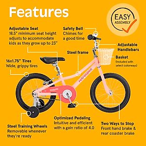 Retrospec Koda Plus Kids Bike for Boys & Girls Ages 4-6 Years - 16" Children's Bicycle, Adjustable Seat & Handlebars, Removable Training Wheels, Front Hand Brakes, Rear Coaster Brake & Safety Bell