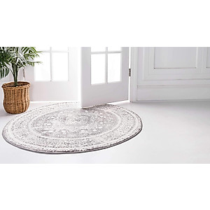 Unique Loom Rosso Collection Traditional, Medallion, Distressed, Bohemian, Vintage, Southwestern Area Rug, 4 ft x 4 ft, Gray/Ivory