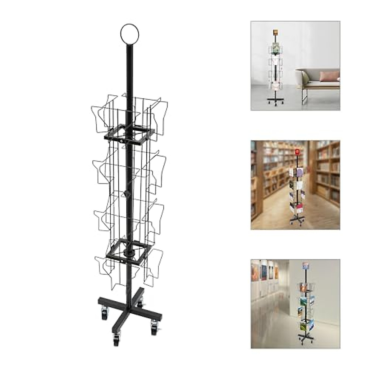 Fichiouy 4FT Tall 16 Pockets Rotating Greeting Card Rack On Wheels, Pocket Rotating Holder Pocket Size(L*H): 15*10cm/5.91*3.94in (Black)