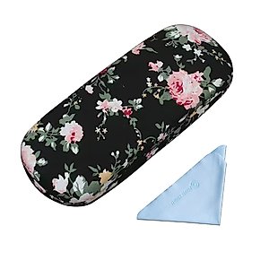 PERFECTSIGHT Hard Shell Eyeglasses Case Floral Portable Protective Glasses Case Flower Fabric Surface Eyeglass Case for Women Girls With Microfiber Cleaning Cloth (Black)