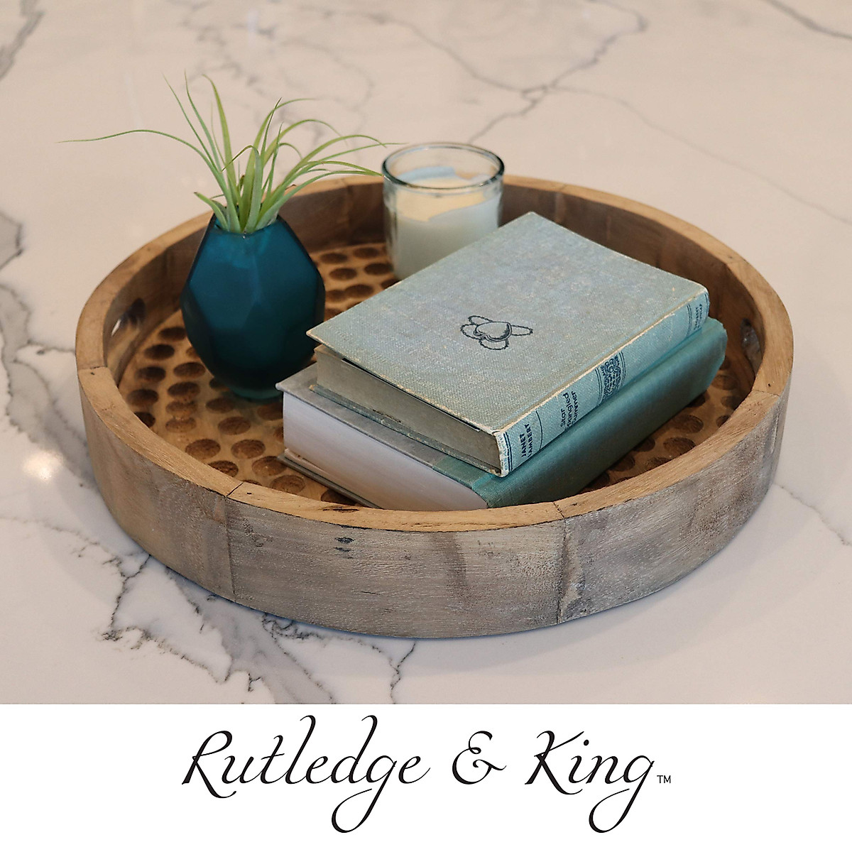 Rutledge & King Brighton Serving Tray - Ottoman Tray/Decorative Tray - Coffee Table Tray/Round Wooden Tray - Breakfast in Bed Tray with Handles - Rustic Wood Tray