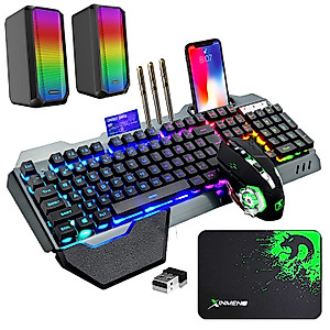 Wireless Gaming Keyboard Mouse and Wired Computer Speaker with Rainbow RGB Backlit Rechargeable Battery Metal Mechanical Ergonomic Waterproof Dustproof Removable Palm Rest for Laptop PC Gamer(Black)