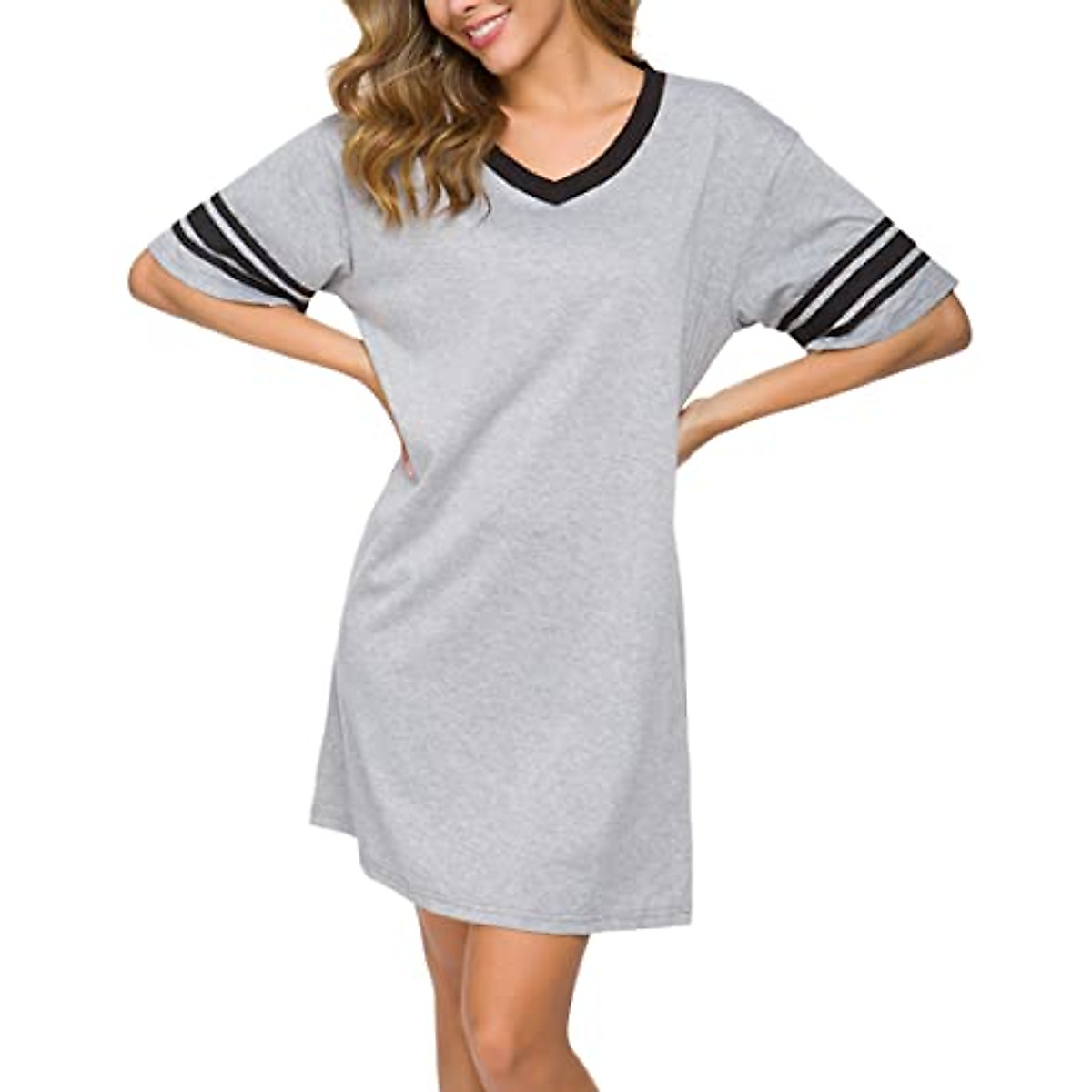 Vslarh Women's Nightgown, Cotton Sleep Shirt V Neck Nightshirts Short Sleeve Loose Comfy Pajamas Dress Casual Sleepwear (Gray, XXL)