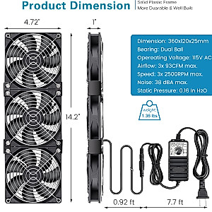 GDSTIME Big Airflow 3 x 120mm Fans DC 12V Powered Fan with AC 110V - 240V Speed Control, Cabinet Chassis Cooling Fan, Server Workstation Cooling Fan