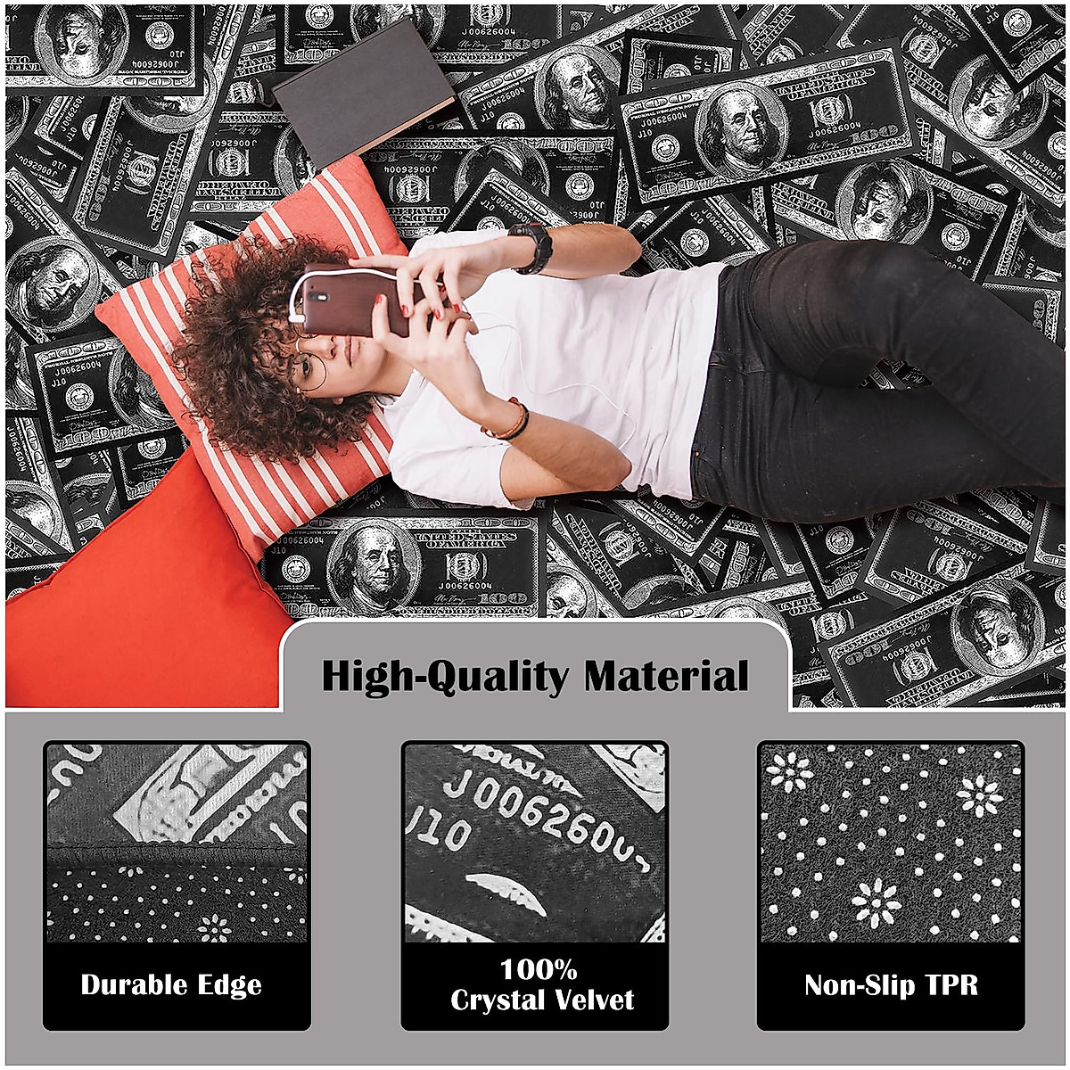 DVKKHD 100 Dollar Bill Area Rug 4x6 Black and White Living Room Rugs Non Skid Modern Money Carpet for Bedroom Cash Art Cool Rugs Room Decorations Office Entryway Dining Room Washable Rug 47”x71”