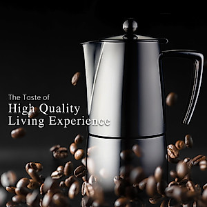 Minos Moka Pot Espresso Maker: Makes 6 Espresso Shots Suitable for Ceramic, Gas and Electric Stovetop - Stainless Steel With Flat Bottom and Heatproof Handle, Wear and Scratch-Resistant