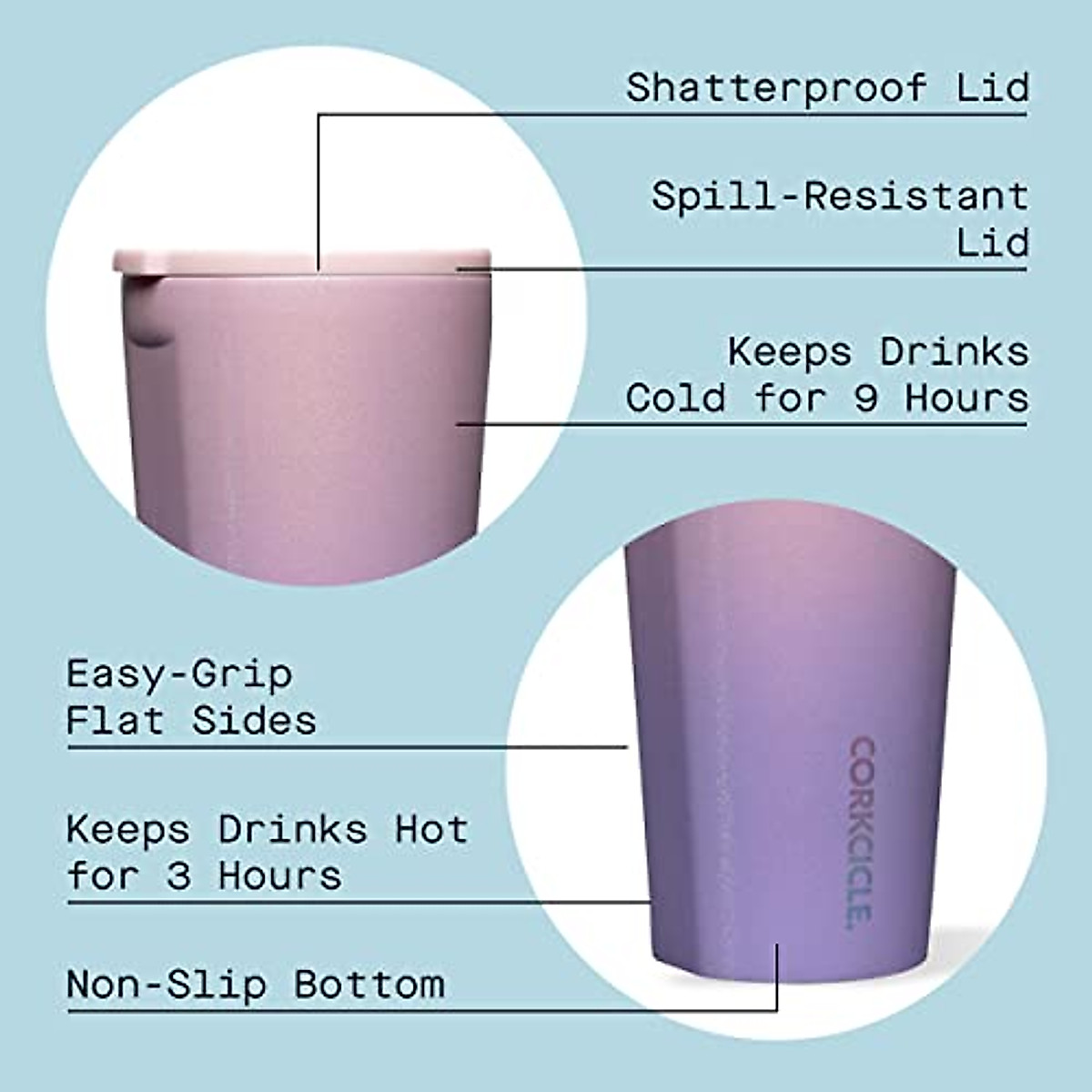 Corkcicle Travel Tumbler, Insulated Water Bottle with Lid, Spill Proof for Wine, Coffee, Tea, and Hot Cocoa, Ombre Fairy, 16 oz, 1 Count (Pack of 1)