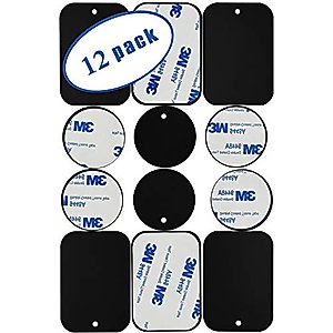 Great 1 Universal Metal Plates with 3M Adhesive for All Magnetic Car Mounts, Cell Phone, Tablet Holder, Cradle-Less, Air Vent Mount, 6 Rectangular, 6 Round, Black (Not a Magnet)