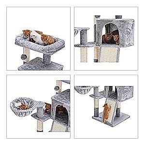 Hey-brother Cat Tree with Sisal Scratching Posts, Cat Tower with Scratching Board,Multi-Level Cat Condo with Basket,Light Grey MPJ014W