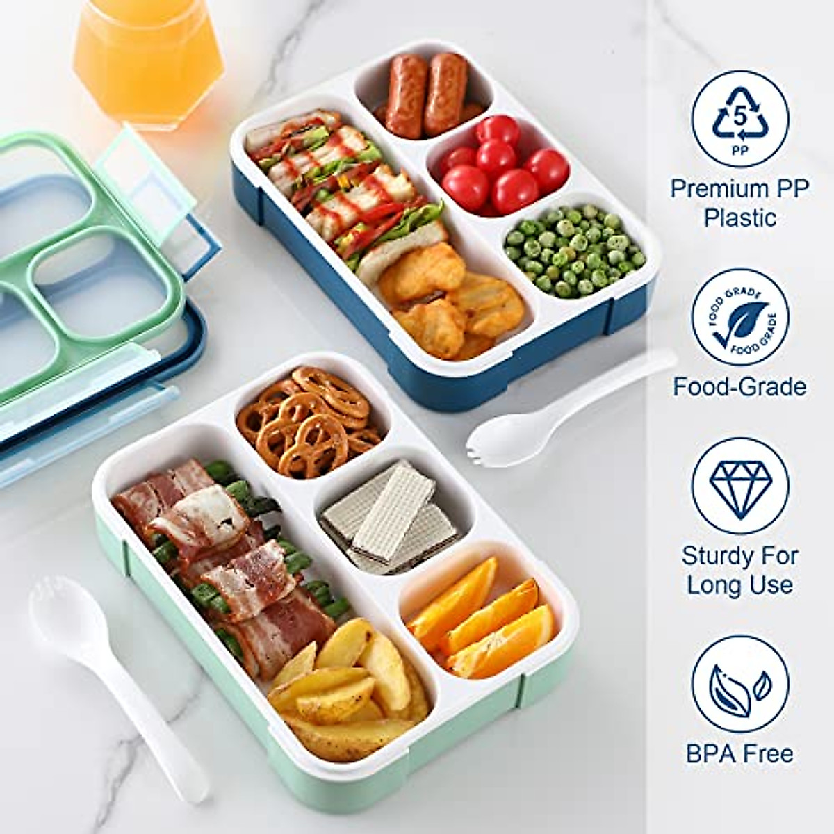 HIWARE Bento Lunch Box for Kids and Adults, Leakproof Lunch Container for Boys, Men with 4 Compartments, BPA-Free, 2 Pack