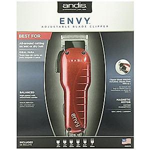 Andis 66215 Professional Envy Hair Clipper – High-Speed Adjustable Carbon-Steel Blade with Powerful Motor, 7200 Cutting Strokes Per Minute, Hanger Loop with Balanced Clipper Red & Black