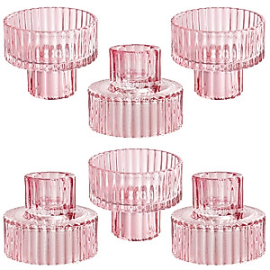 IYOUYA Pink Glass Candle Holders 6PCS for Pillar Candles, Taper Candles, Tealight Candles,Candlestick Holders for Wedding, Festival, Dinning&Party