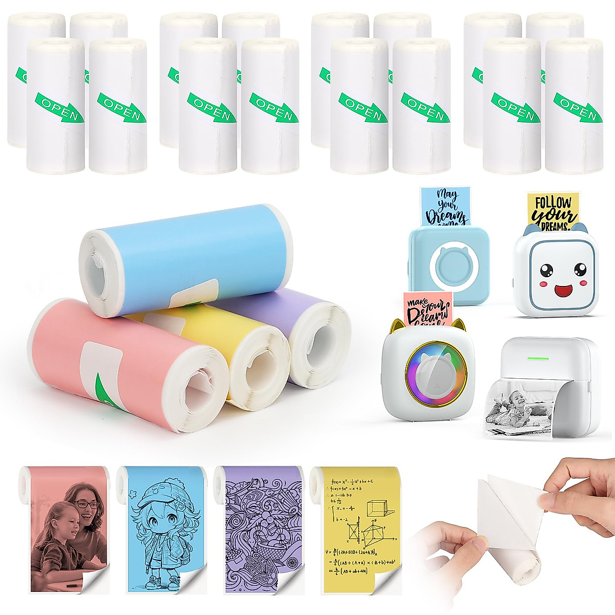 HUIJUTCHEN 20 Rolls Mini Thermal Sticker Printer Paper 57x25mm Inkless Self-Adhesive Paper for M02/T02/X5 Pocket Bluetooth Receipt Printer for Photo,DIY,Note,Memo(16 White+4 Color)