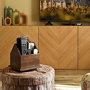 Ikee Design Rotating Wooden Utensil Holder Flatware Utensil Caddy with a Handle - Silverware Holder for Spoons, Knives, Forks, Napkins for Restaurant, Living Room and Kitchen, Brown Color