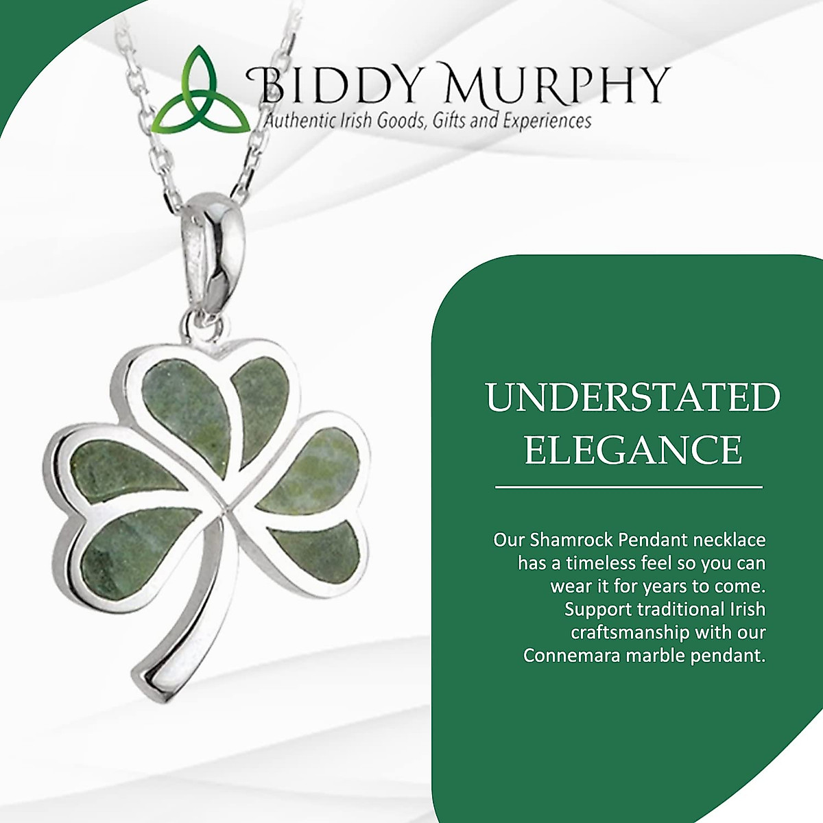 Biddy Murphy, Women's Irish Shamrock, Lucky Three Leaf Clover 925 Sterling Silver Pendant 18" Inch Necklace with Connemara Marble Inlay