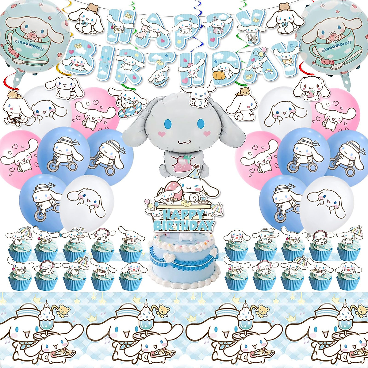 Cinnamoroll Birthday Decorations, Party Supplies Set Include Banner, Balloons, Hanging Swirls, Cake Cupcake Toppers, Tablecloth for Kids Cinnamoroll Theme Party