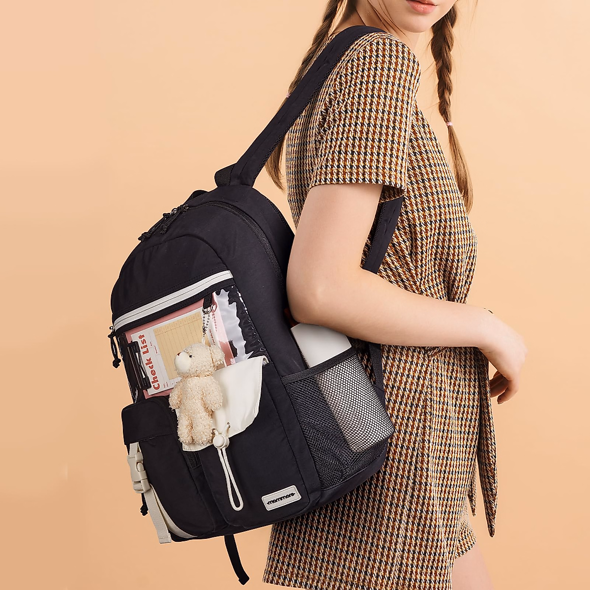 mommore Girls Backpack for School, Kawaii Kids Backpack, Lightweight Bookbag for Teen Girls with Bear Pendant, Travel Outdoors, Black