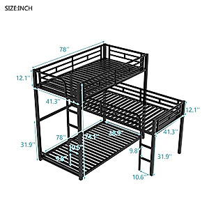 Triple Bunk Beds, L-Shaped Bunk Bed for 3 Kids Adults with 2 Built-in Ladders and Full-Length Guardrails, Space-Saving, Noise-Free Metal Triple Bunk Bed