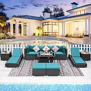 RADIATA PE Wicker Patio Furniture Set Sectional High Back Large Size Sofa Sets with Propane Fire Pit Table 55000 BTU Balcony Rattan Lounge Conversation Sets for Outdoor (11 Pieces,Sky Blue)